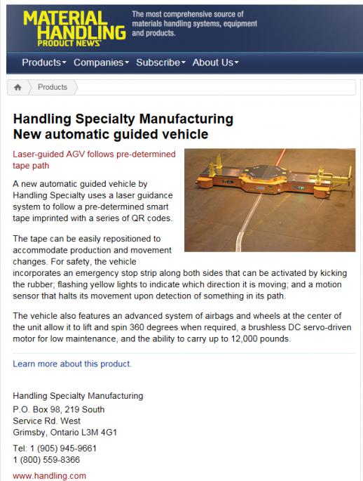 Handling Specialty's AGV Featured as MMH's Product of the Day
