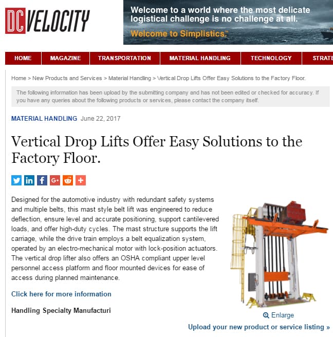 Vertical Drop Lifter | Innovative Solutions at Handling.com
